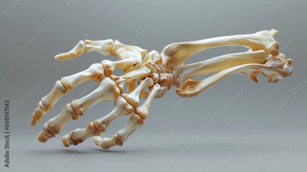 3D model of human forearm, wrist and hand over grey background. Anatomy ...