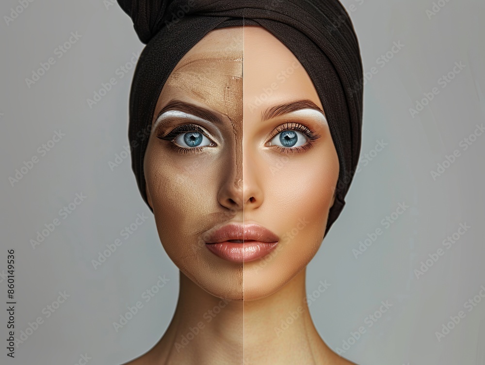 This striking wallpaper showcases a woman's face in a before and after ...