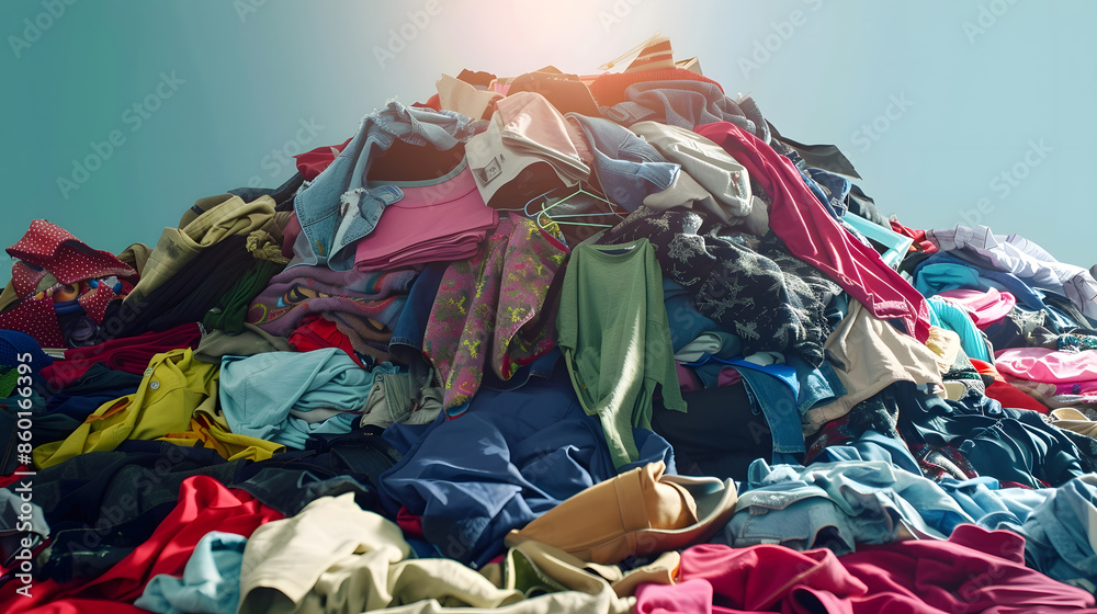large pile stack of textile fabric clothes and shoes concept of ...