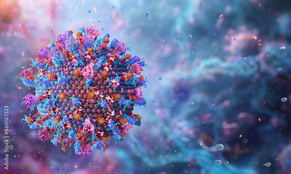3D illustration of African swine fever virus (ASFV), the enveloped DNA ...