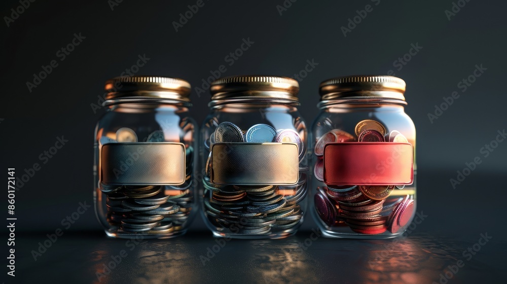 3D clay render of saving jars labeled for different goals, isolated on ...