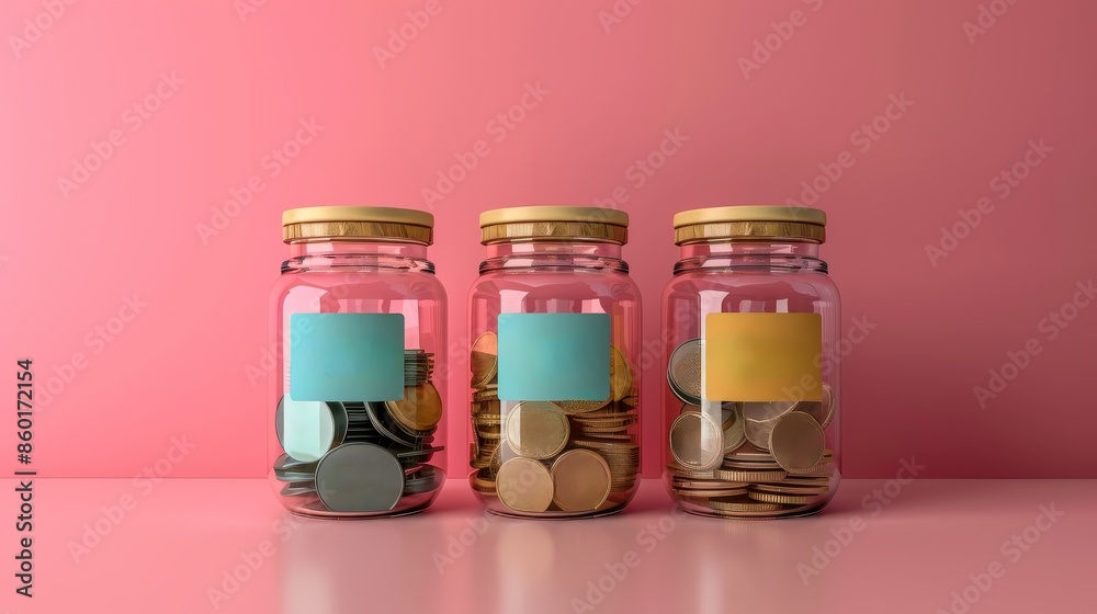 3D clay render of saving jars labeled for different goals, isolated on a solid background Stock ...