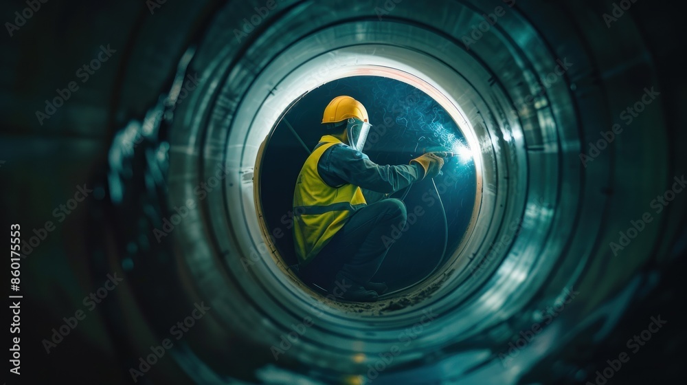 Professional Heavy Industry Welder Working Inside Pipe, Wears Helmet ...