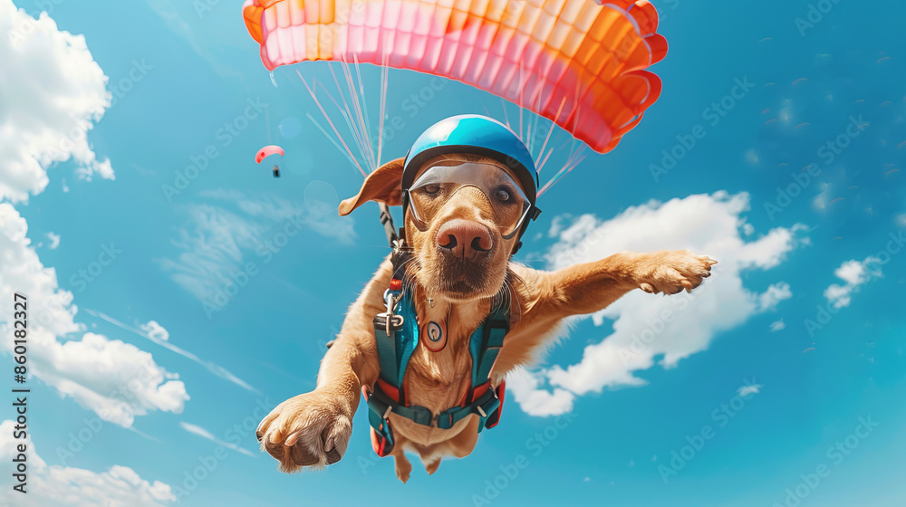 The Labrador is flying with a parachute, happily sticking out his ...