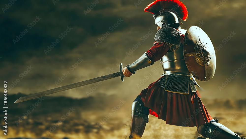 Spartan man in gladiator helmet and red long cloak standing with steel ...