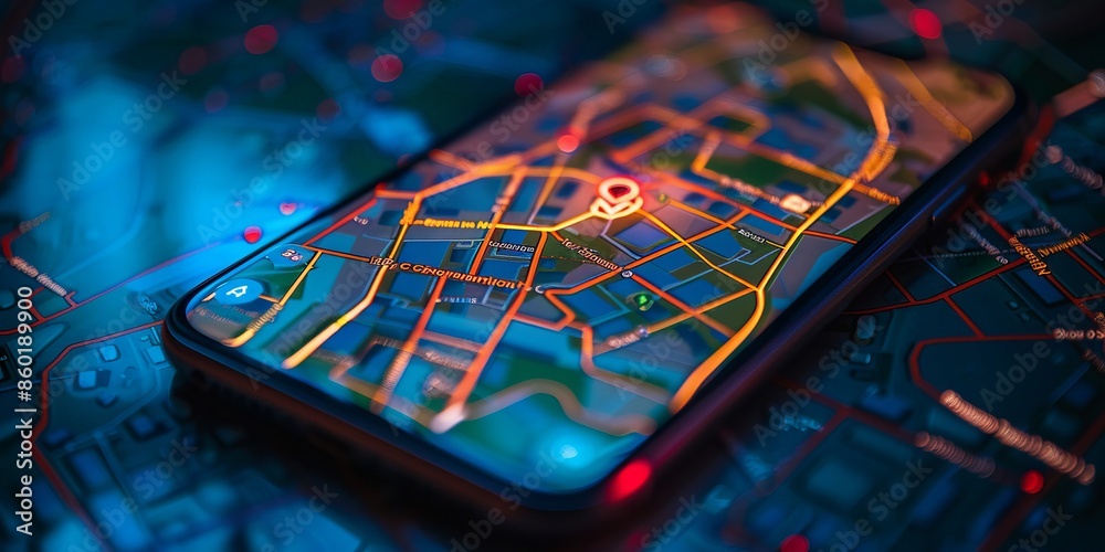 Smartphone displaying a digital city map with route and location marker ...