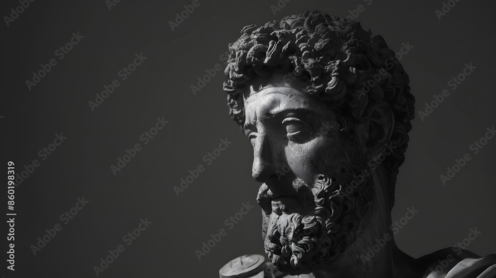 close up marble statue of Marcus Aurelius in epic pose stoic cluture ...