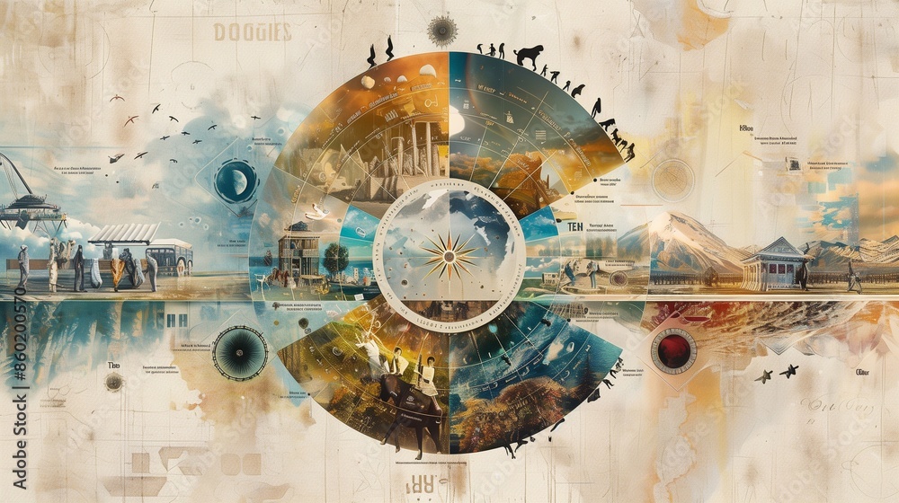 Colorful circular artwork depicting the evolution of humans and dogs ...