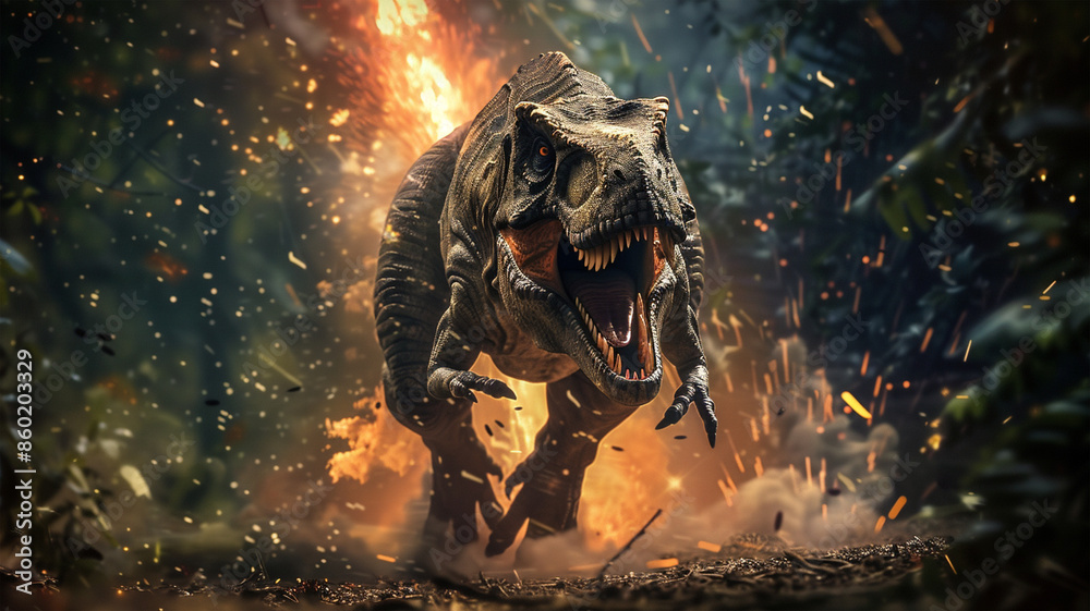 T-Rex, with its mouth fully open, running towards the viewer, emerging ...