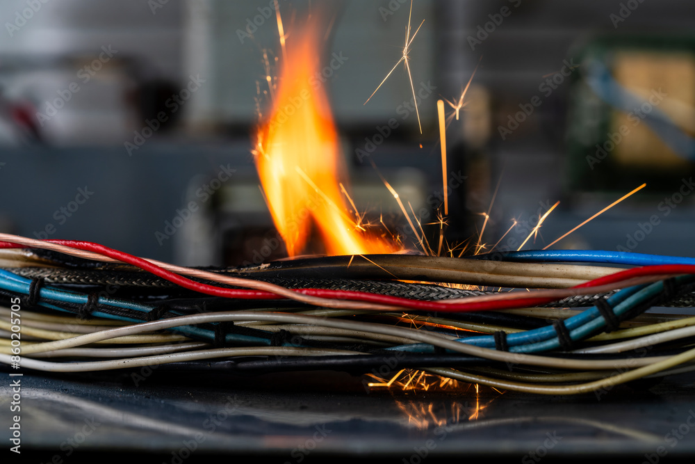 Flames, sparks, smoke between electrical cables, closeup. Short circuit ...