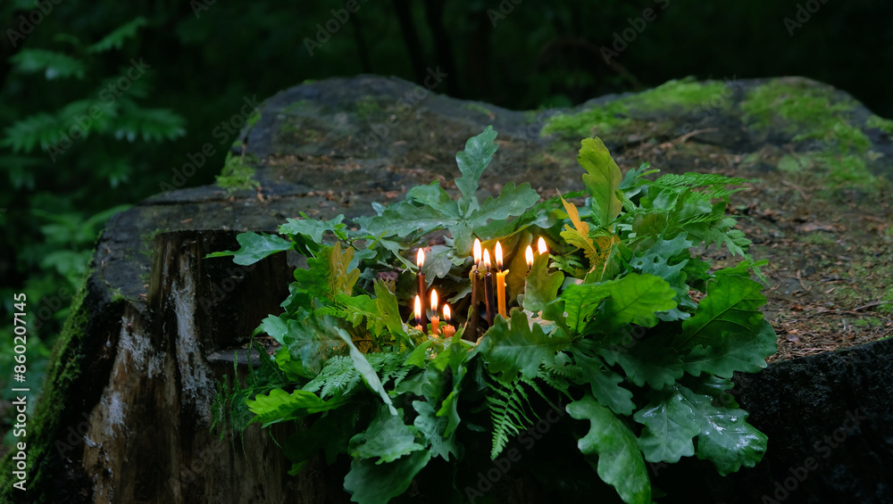 burning magic candles, oak and fern leaves on tree stump in forest ...