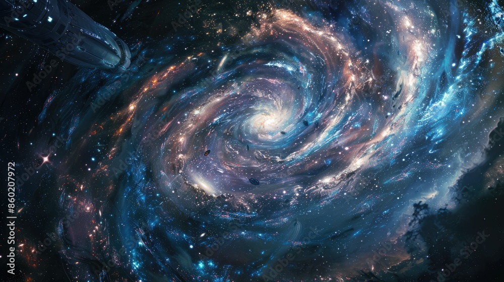 Time travel concept featuring a spiral galaxy as a backdrop for a time ...