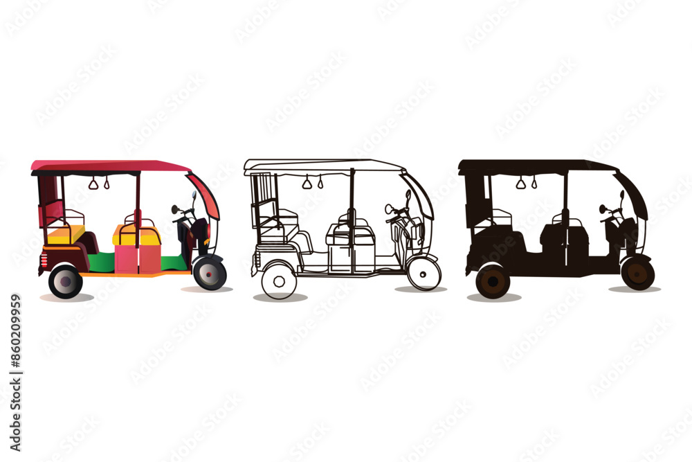 Tuktuk Indian rickshaw car silhouette and line art Stock Vector | Adobe ...
