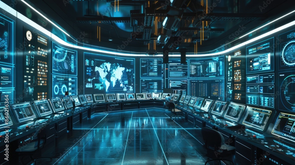 Futuristic electric grid control room with digital displays showing ...