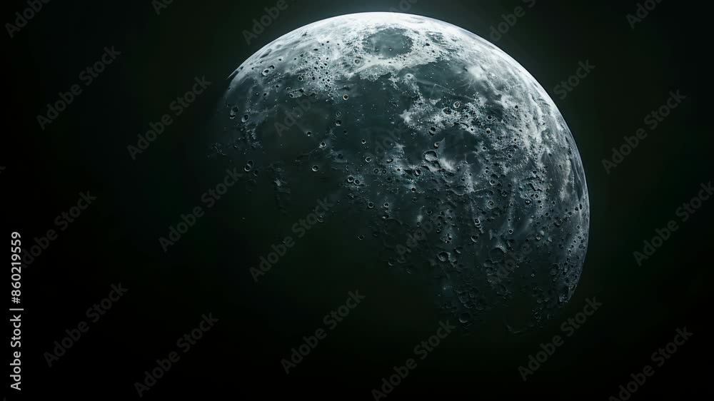 Gray glowing moon's surface, many craters. Full bright moon close up on ...
