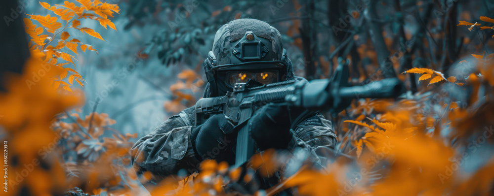 Stealth Soldier in Camouflage with Sniper Rifle Hidden Among Flora ...