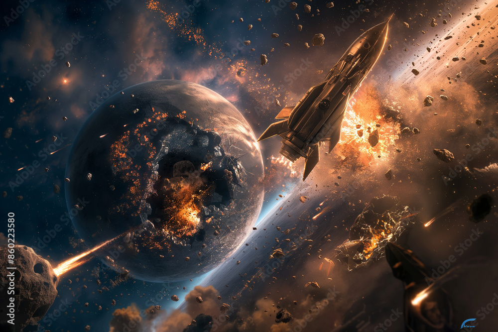 An apocalyptic scene in space, depicting a combat rocket attacking a ...