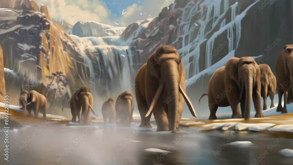 Ancient extinct animals walk around during Ice Age. Family of woolly mammoths, flock of ...