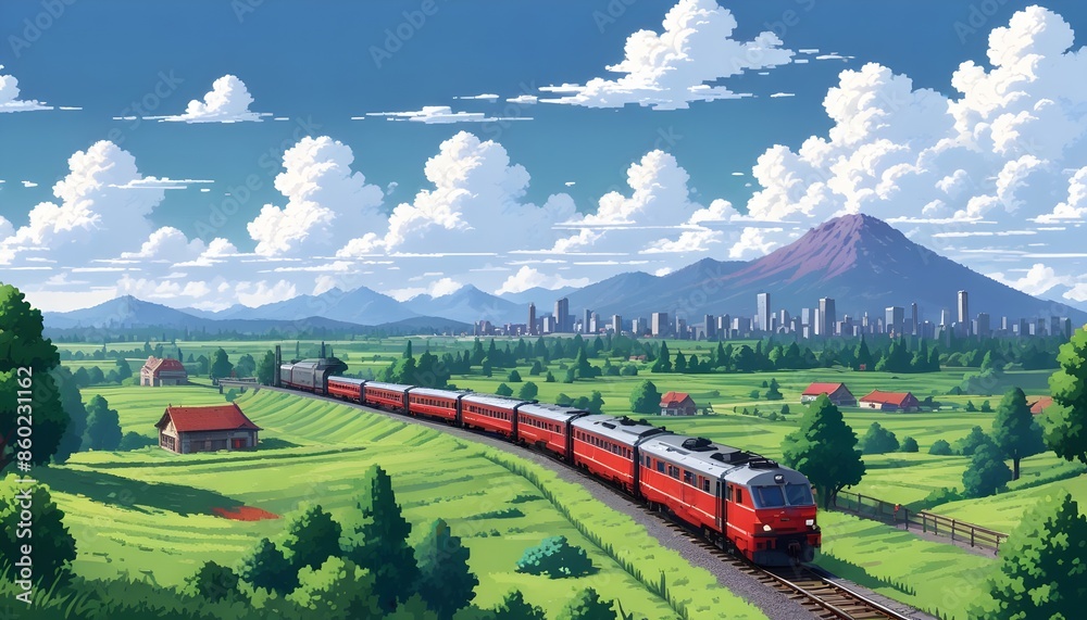 "Pixel Art Landscape with Retro Train - Vintage Game Background ...