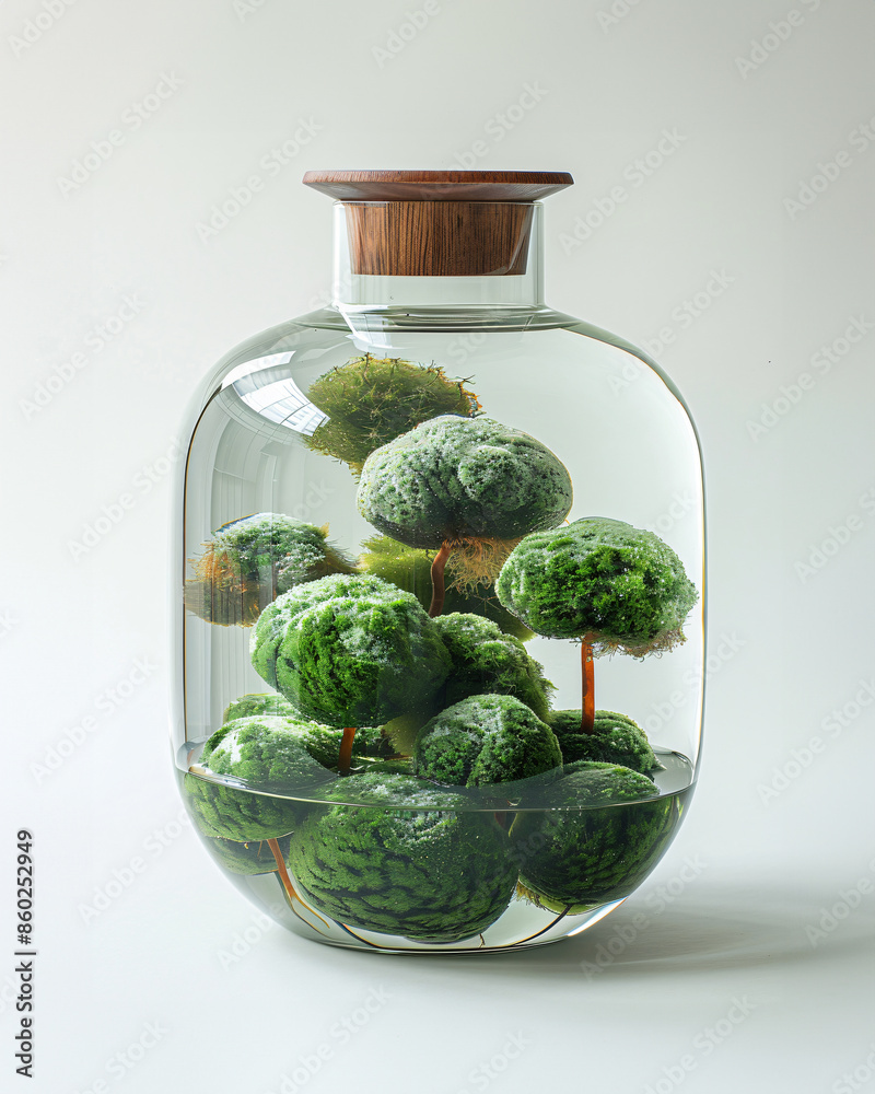 Whimsical Marimo moss balls of various sizes in a vintage glass jar filled with water, set on a ...