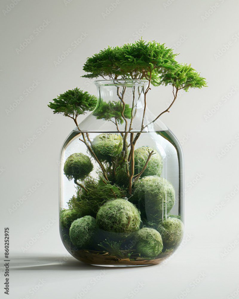 Whimsical Marimo moss balls of various sizes in a vintage glass jar filled with water, set on a ...