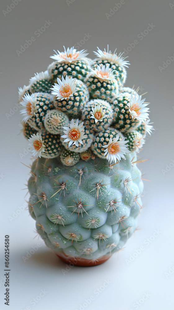 Cluster of small, spherical mammillaria cacti with intricate spiral patterns and tiny white ...