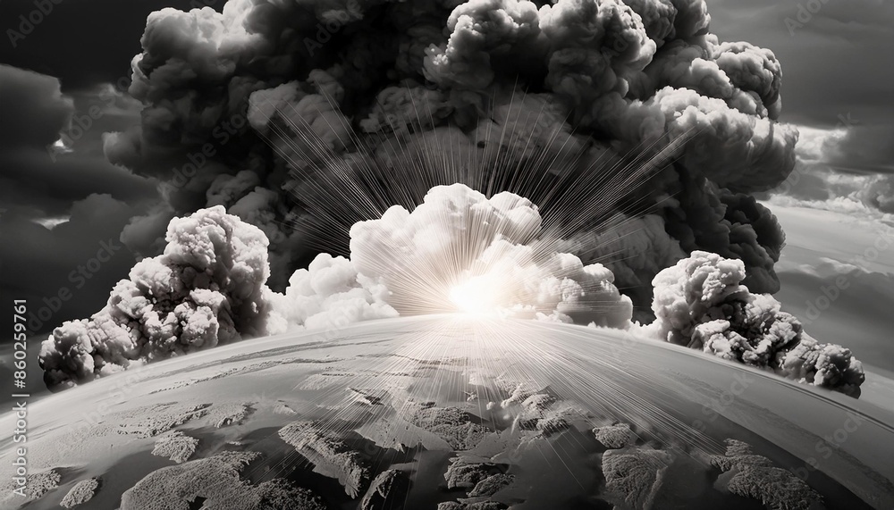 monochrome abstract banner of explosion with black smoke cloud in ...
