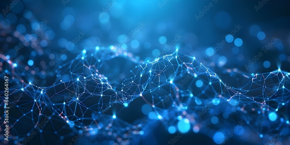 Illustration of a neural network with blue background and artificial intelligence synapse ...