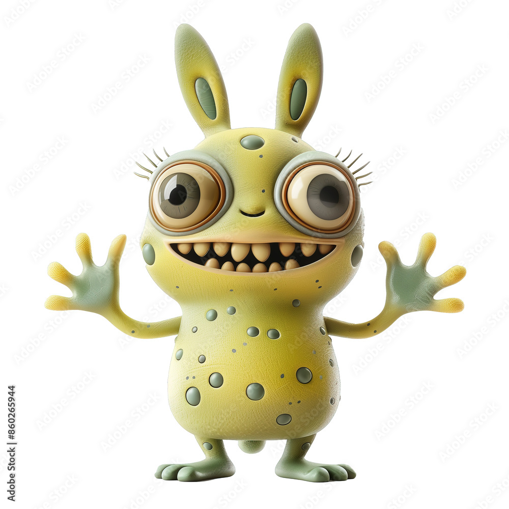 happy cute alien with big googly eyes and bunny teeth, standing waving ...
