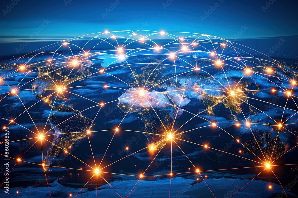 A digital illustration depicting a global network of data connections ...