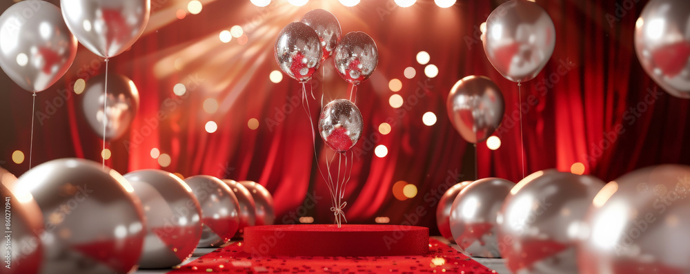 ภาพประกอบสต็อก A podium highlighted by metallic foil balloons, set ...
