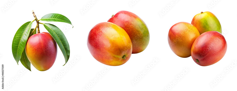 Three ripe mangoes are displayed on a transparent background. Three ...