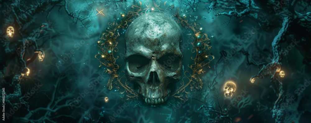 A mystical human skull frame background with a frame adorned with ...