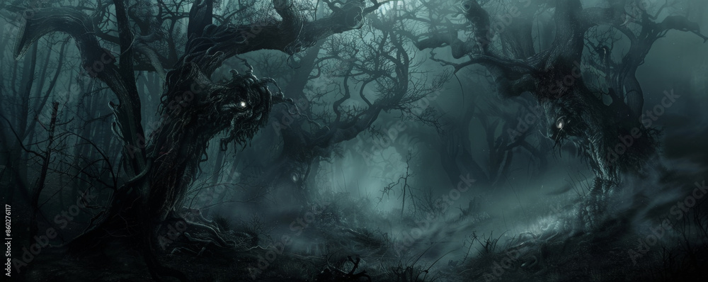 Dark Gothic fantasy background depicting a cursed forest with twisted ...