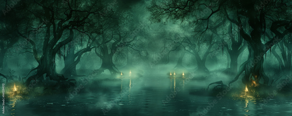 Dark Gothic fantasy background featuring a misty swamp with twisted ...