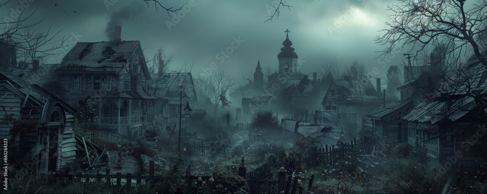 Dark Gothic fantasy background depicting a cursed village with decaying ...