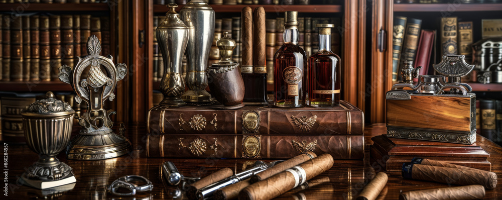 Handcrafted premium cigars displayed on a classic wooden desk ...