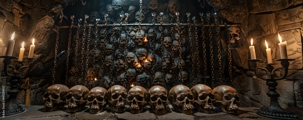 A medieval human skull frame setup featuring a frame constructed from ...