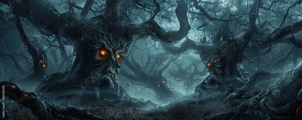 Dark Gothic fantasy background depicting a cursed forest with twisted ...