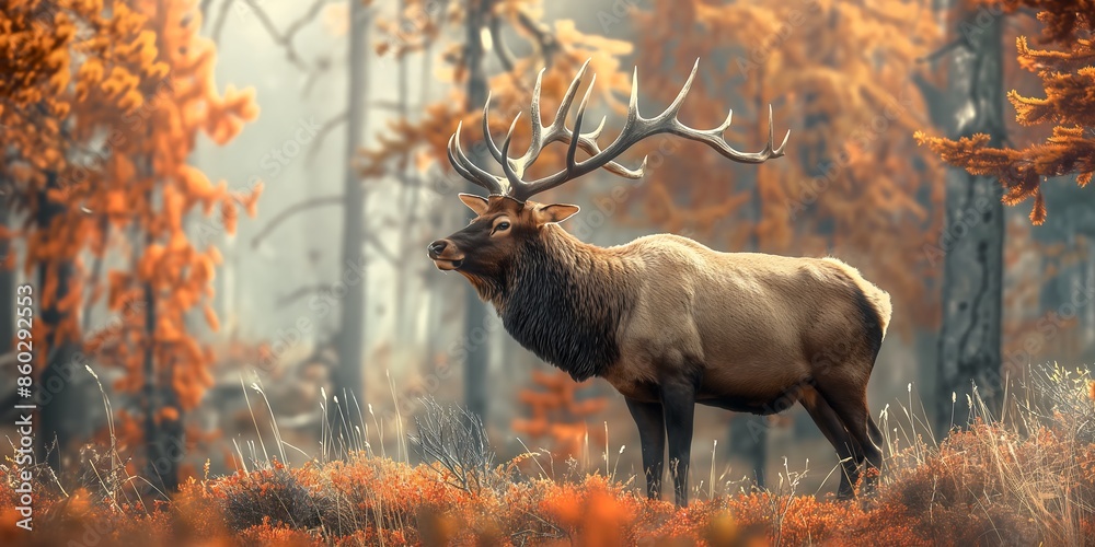 elk in the woods, Majestic Elk in Autumn Forest A full-body shot of a ...