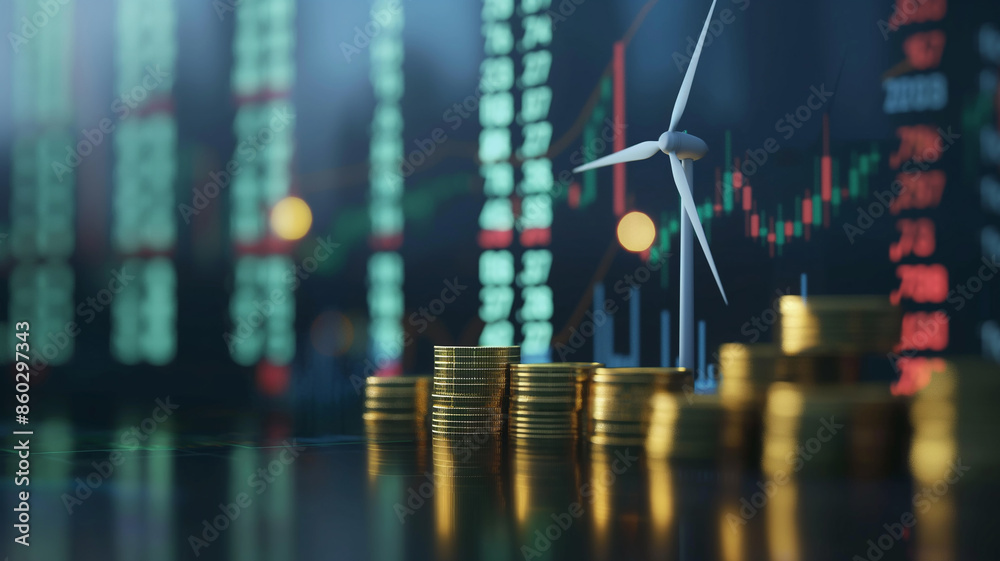 Business concept. Coins, stock charts and wind turbine. Background ...