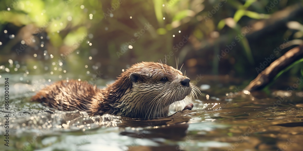 otter in the water, Swimming Otter in Clear Stream A playful otter ...