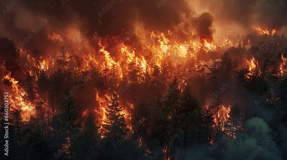 Wildfire raging through a forest, powerful natural disaster scene Stock ...