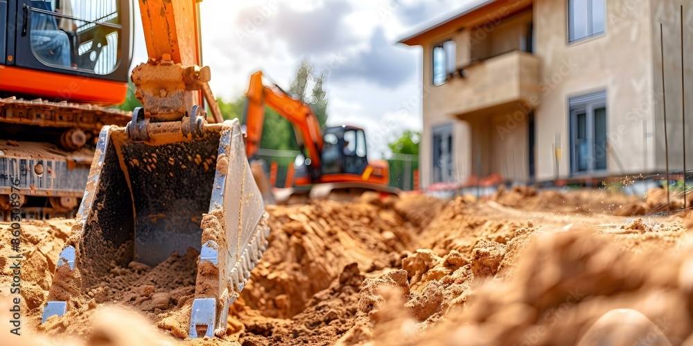 Excavation of soil for new building foundation using backhoes at ...