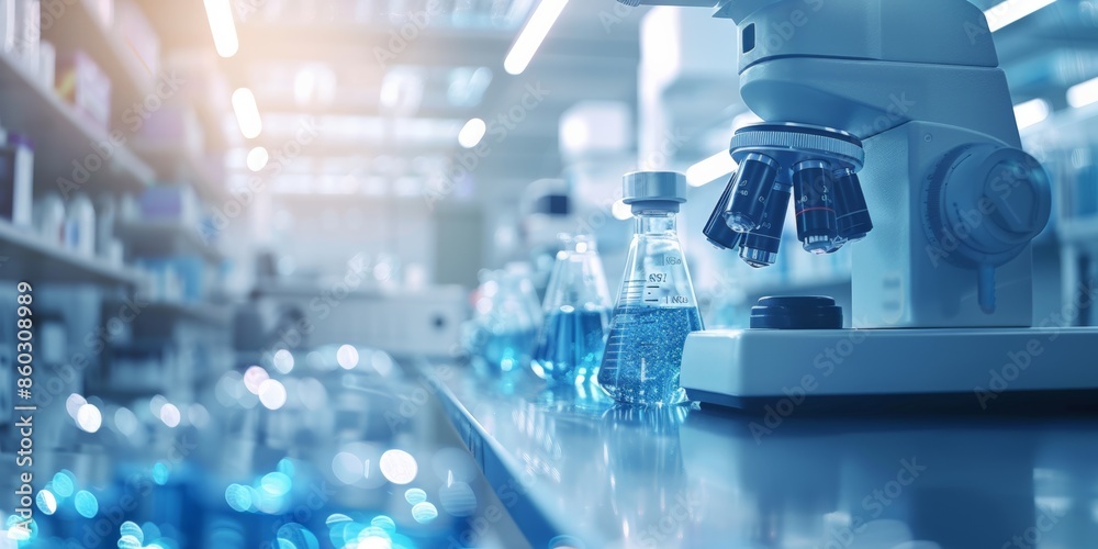 Laboratory scene with a microscope, flasks filled with blue liquid, and ...