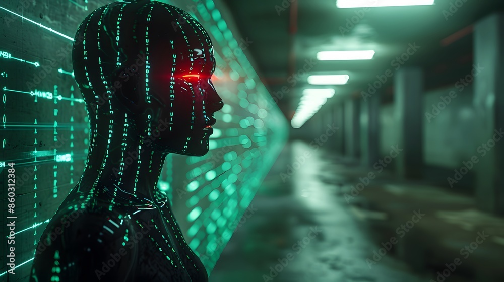 Humanoid Figure with Green Data in Underground Parking Lot Stock Photo ...