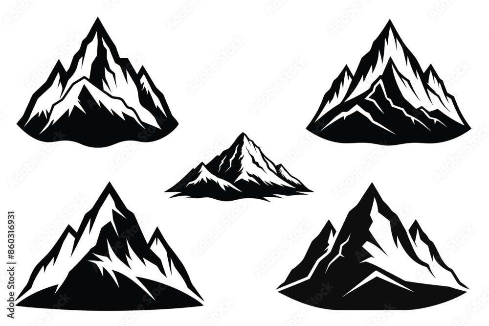 mountain, silhouette, blue, rocky, illustration, vector, design, sign ...