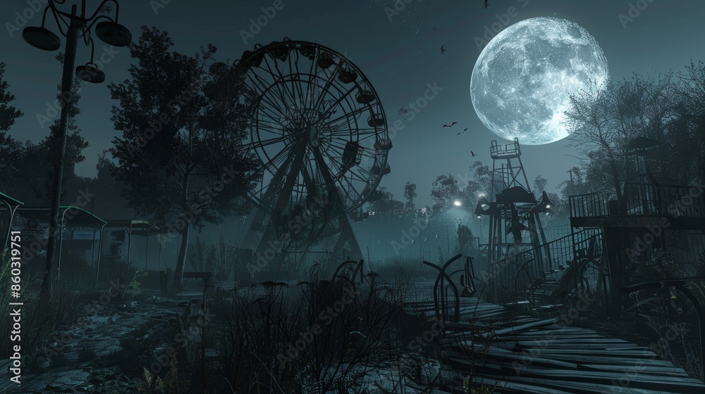 Eerie Abandoned Amusement Park Under Full Moon with Overgrown Vegetation and Rusting Rides Stock ...
