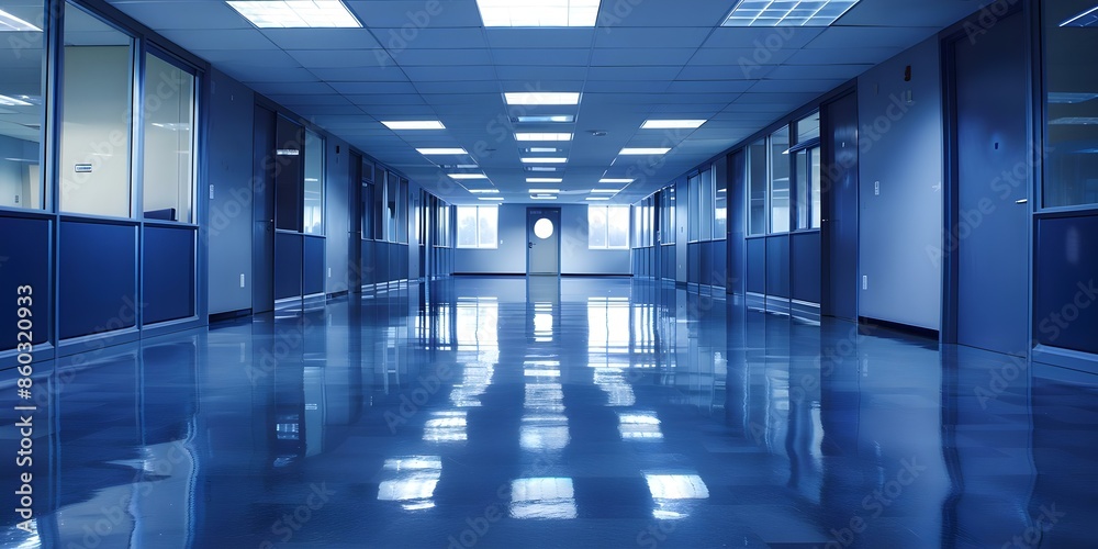 Modern office with blue cubicle partitions and shiny reflective ...