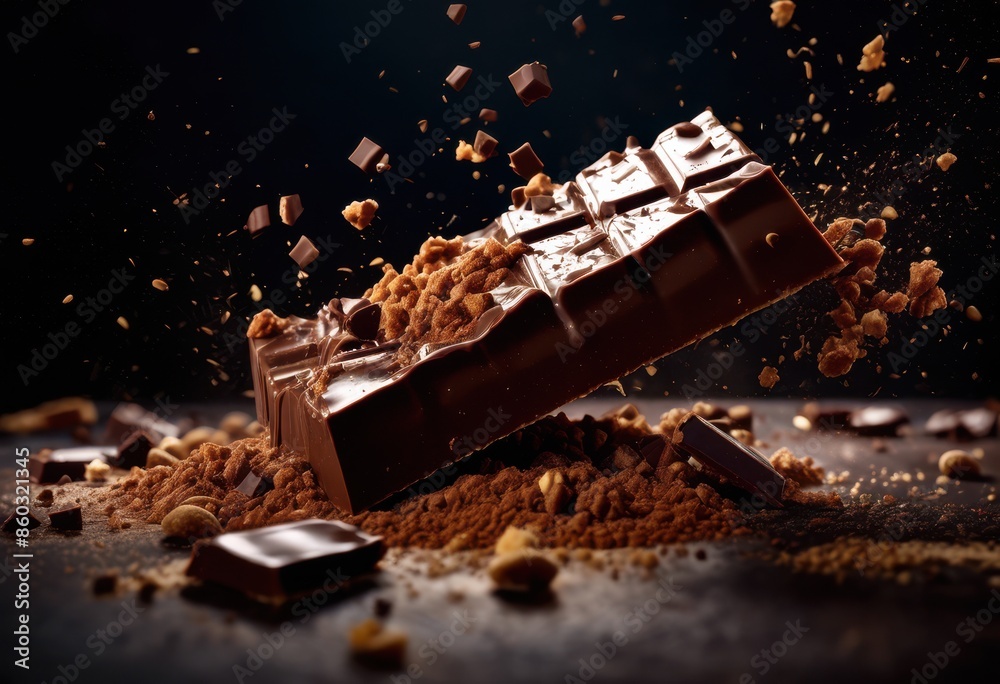 cracking chocolate bar scattered crumbs motion, broken, snapping ...